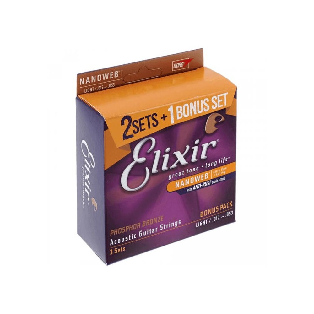 Elixir Nanoweb Light Phosphor Bronze Acústica (12-53) 3 Sets